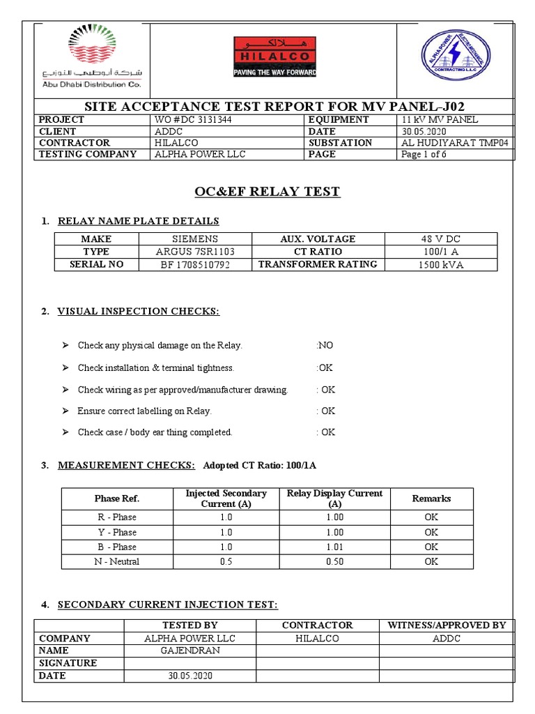 J02 - TRF 1 Oc-Ef & Sbef Relay Test | PDF | Relay | Electrical Substation