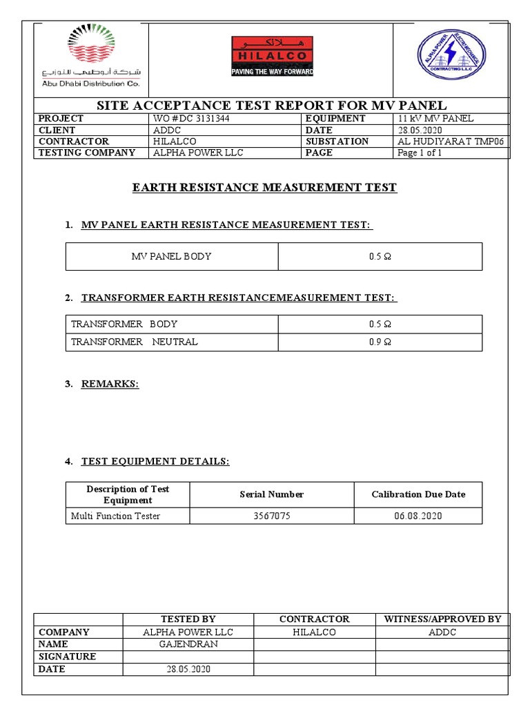 Site Acceptance Test Report For MV Panel: Earth Resistance Measurement ...