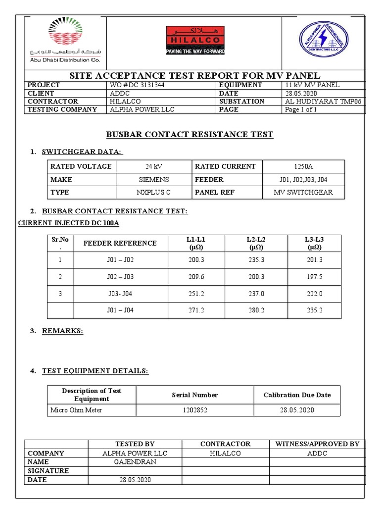 Bus Bar Contact Resistance Test | PDF