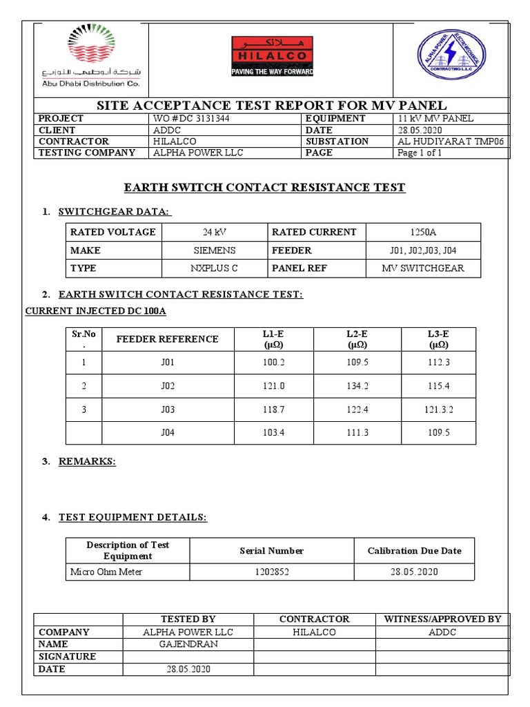 Earth Switch Contact Resistance Test | PDF