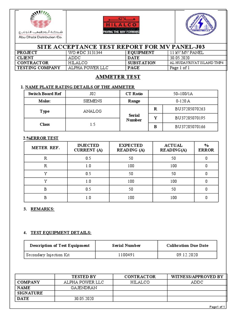 Site Acceptance Test Report For MV Panel-J03 | PDF | Electrical ...