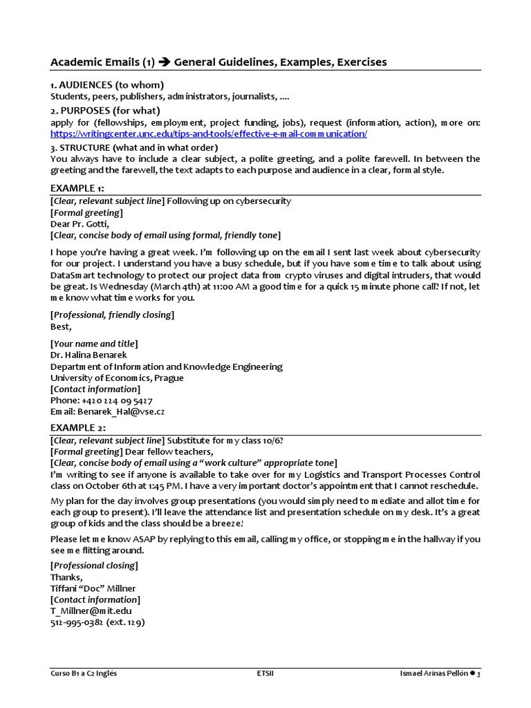 Academic Emails (1) General Guidelines, Examples, Exercises | PDF ...