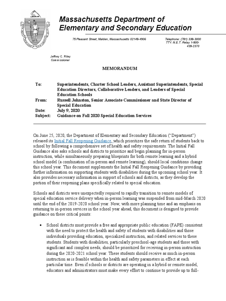 Massachusetts Initial Fall Reopening Guidance. | PDF | Individualized ...