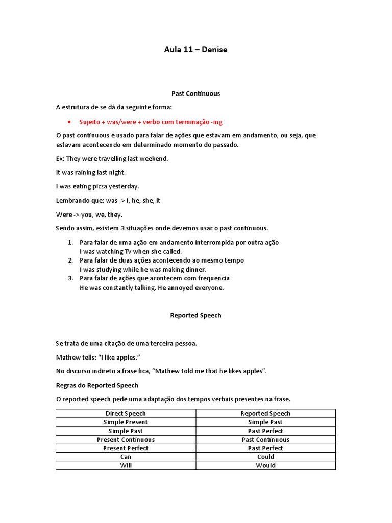 Aula 11 - Denise: Past Continuous | PDF | Cognitive Science | Grammar