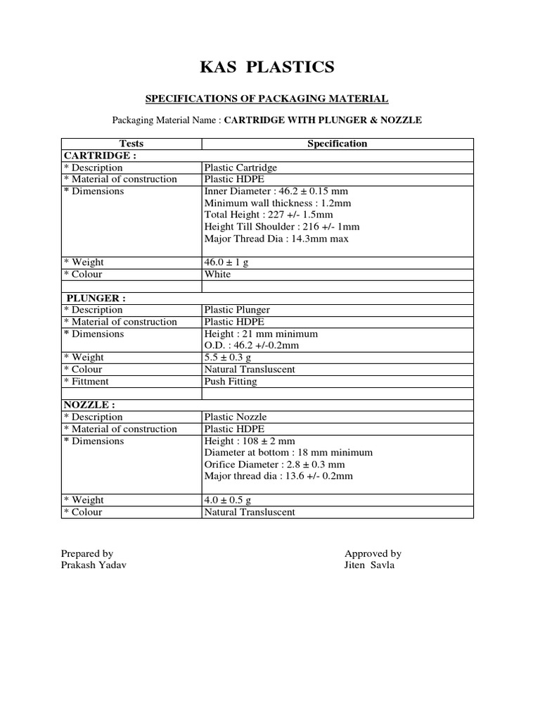 Kas Plastics: Specifications of Packaging Material | PDF