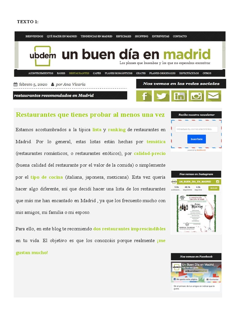 Un Buen Dia en Madrid - Adapted Text For Reading Comprehension in ...