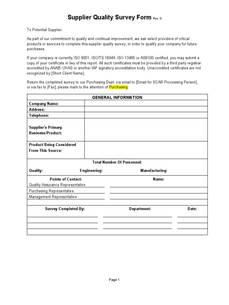 Form - Supplier Quality Survey - Rev 0 | PDF | Calibration | Quality ...
