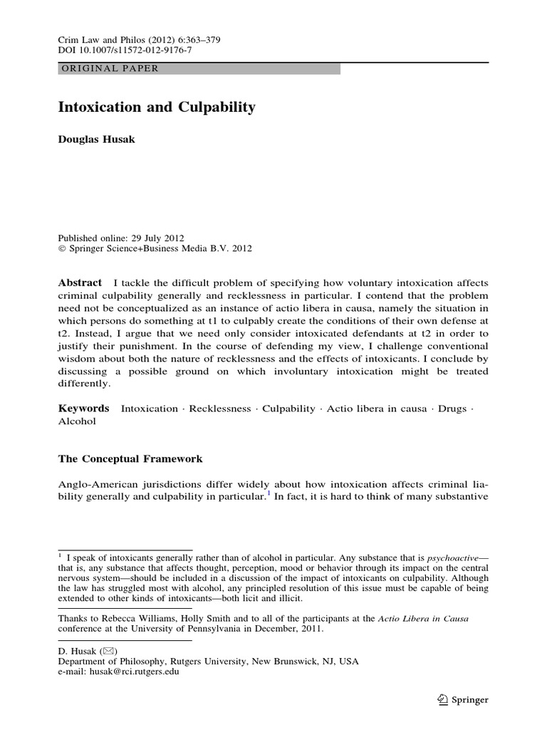 Intoxication and Culpability | PDF | Recklessness (Law) | Mens Rea