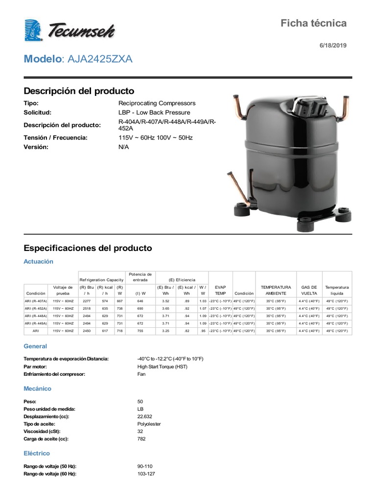 Compresor AJA2425ZXA Especificaciones | PDF | Mecánica | Cantidad