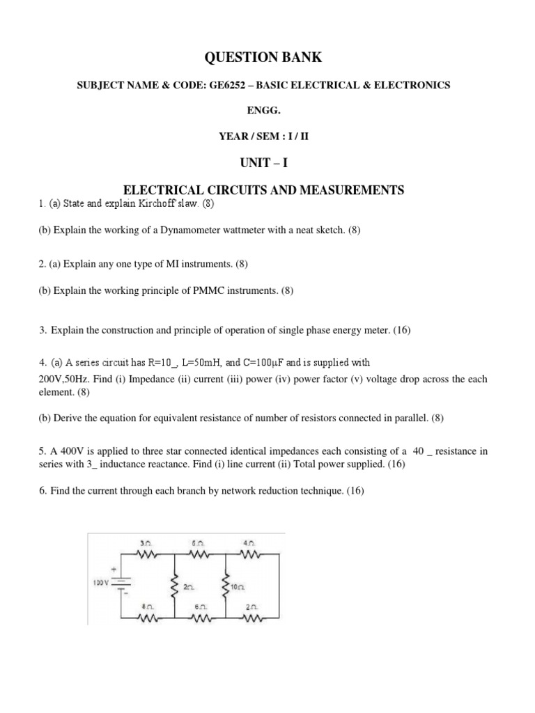 Question Bank: Unit - I Electrical Circuits and Measurements | PDF ...