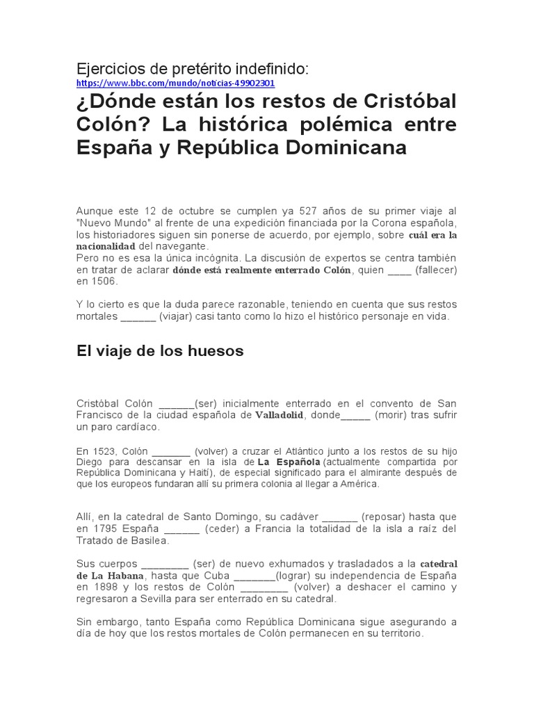 Cristobal Colón. Ejercicios de Pretérito Indefinido | PDF | Cristobal ...