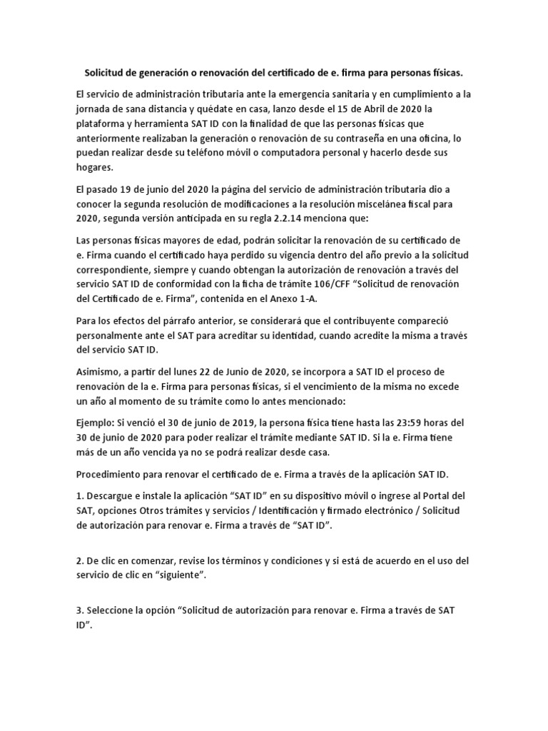 Solicitud de Generación o Renovación Del Certificado de E.firma para ...