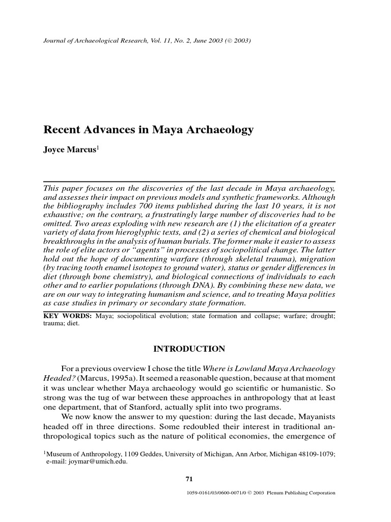 Recent Advances in Maya Archaeology: Joyce Marcus | PDF | Maya ...