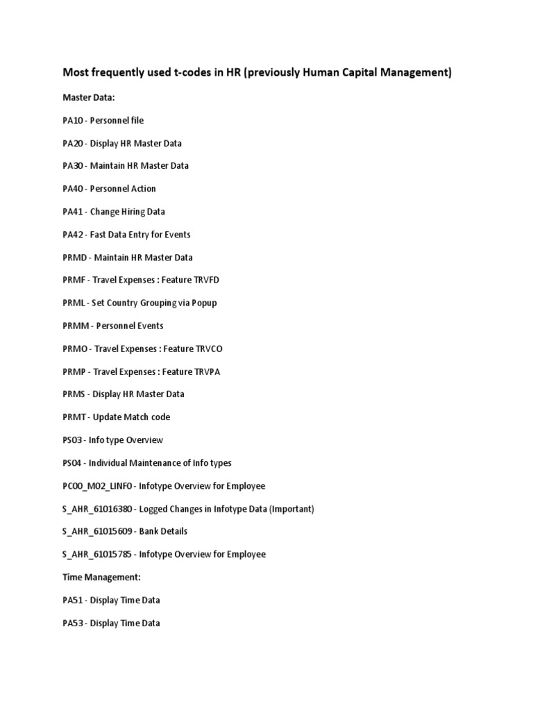 Essential SAP HR T-Codes Overview | PDF | Payroll | Business