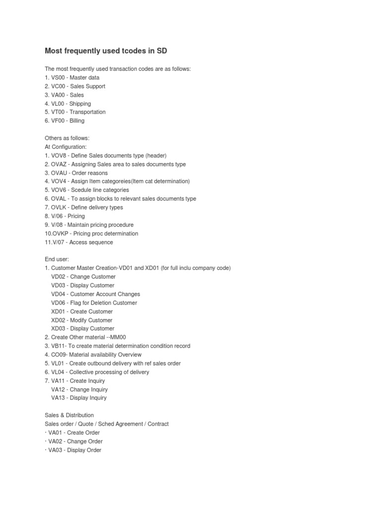 Transaction Codes Logistics SAP | PDF | Inventory | Sales