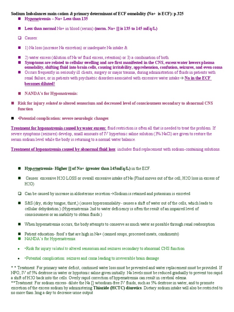 Sodium Imbalances Main Cation & Primary Determinant of ECF Osmolality ...