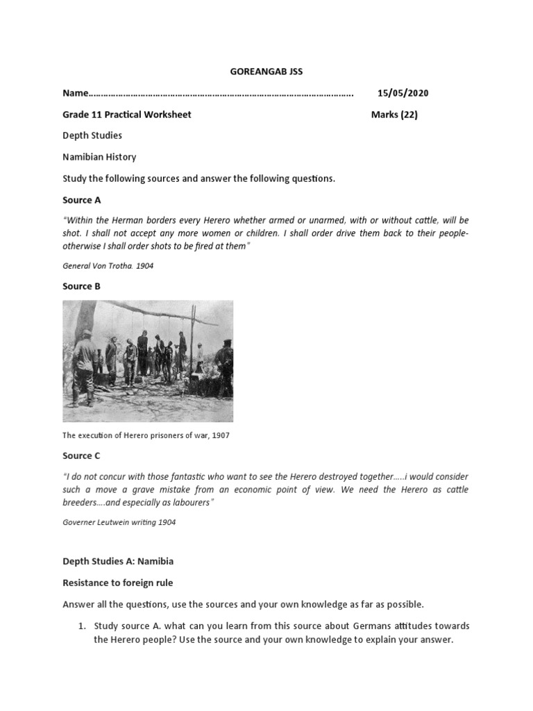Depth Studies Namibian History Study The Following Sources and Answer ...