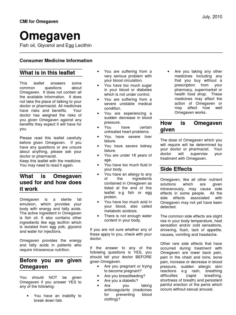 Consumer Information Leaflet for Omegaven Intravenous Fat Emulsion ...
