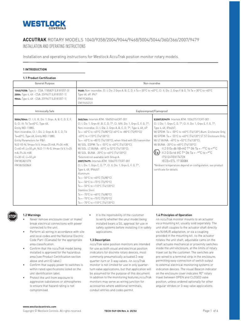Installation and Operating Instructions: ACCUTRAK ROTARY MODELS 1040 ...
