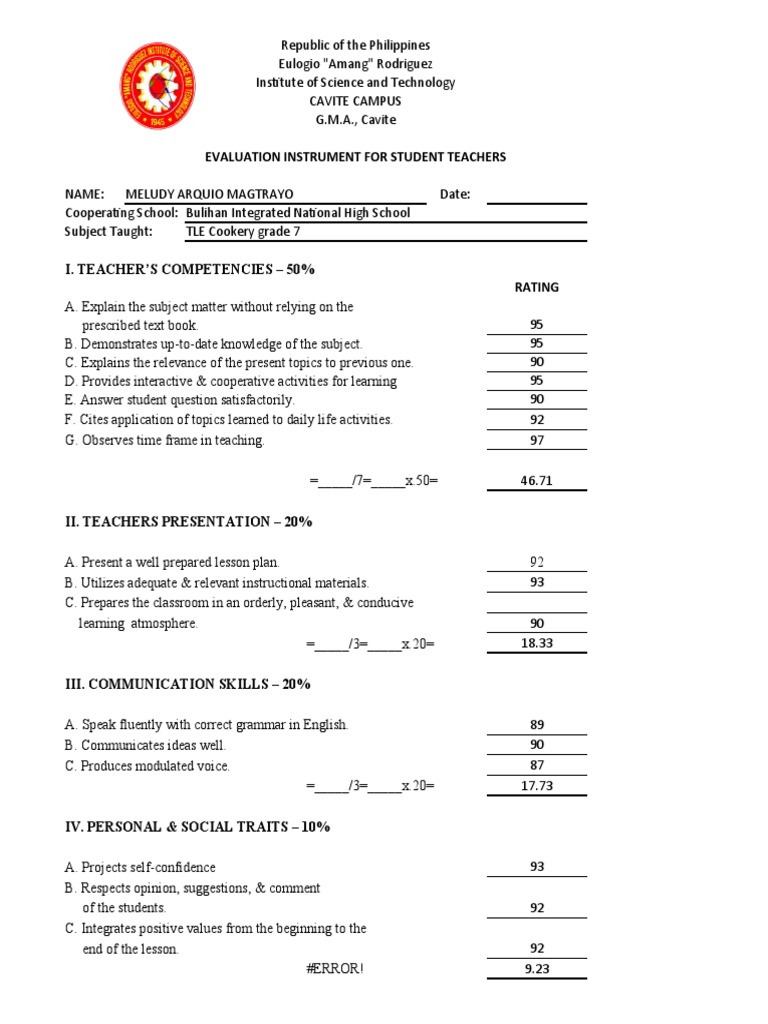 Evaluation Instrument For Student Teachers | PDF | Teachers | Applied ...