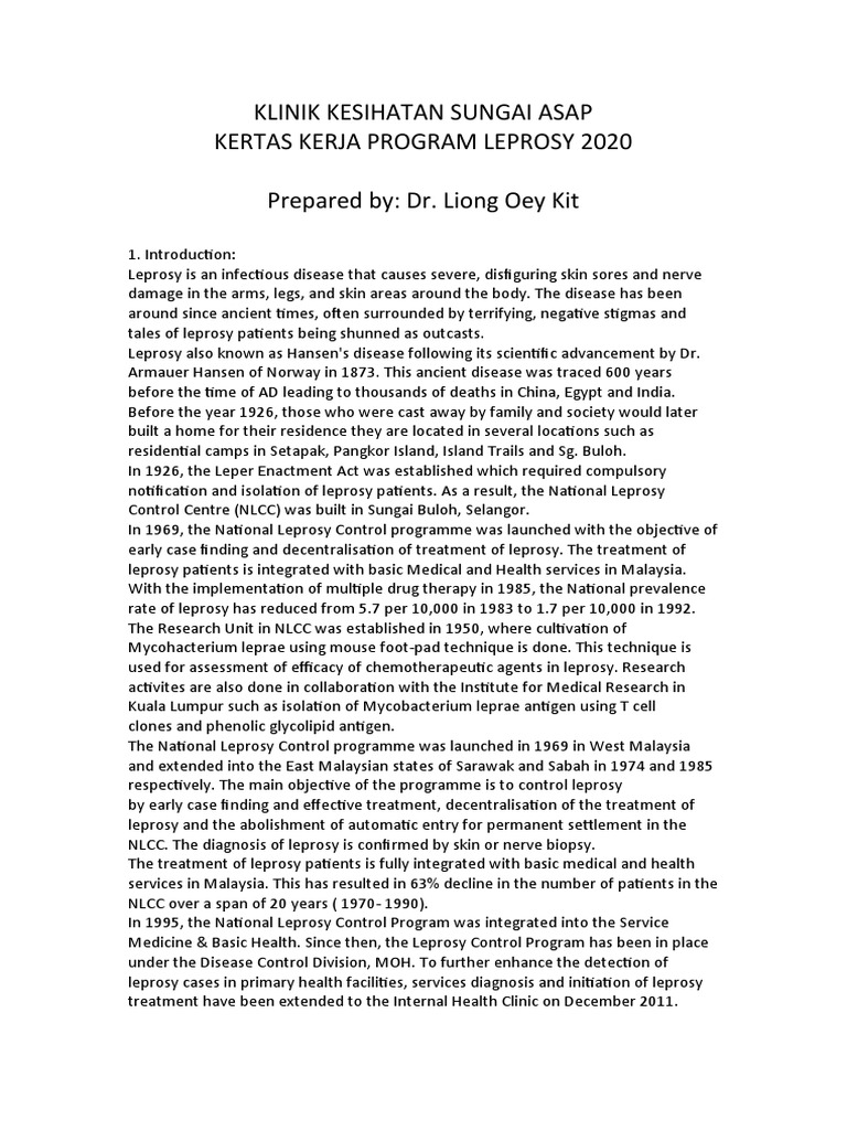 Klinik Kesihatan Sungai Asap Kertas Kerja Program Leprosy 2020 Prepared ...