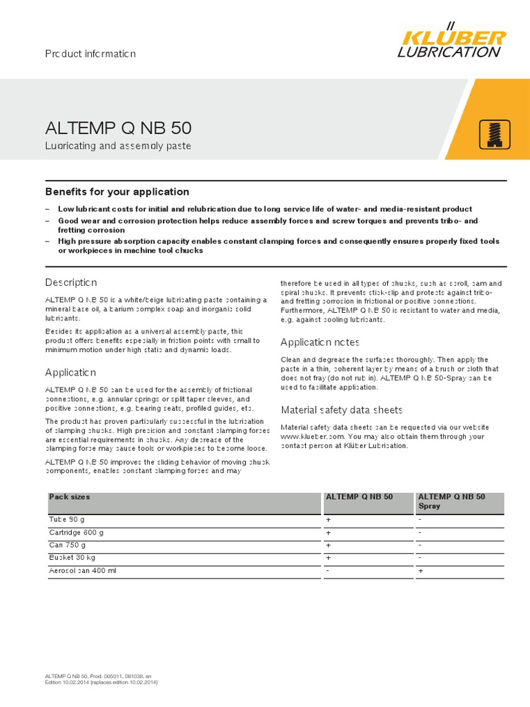 Altemp Q NB 50: Product Information | PDF | Lubricant | Mechanical ...