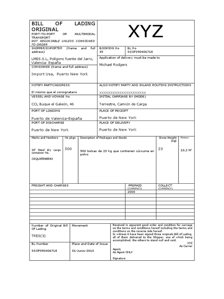 Modelo de Conocimiento de Embarque Bill of Lading | PDF | Cargo | Bill Of Lading
