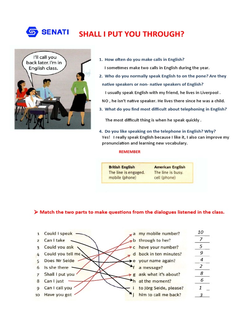 Shall I Put You Through?: Match The Two Parts To Make Questions From ...