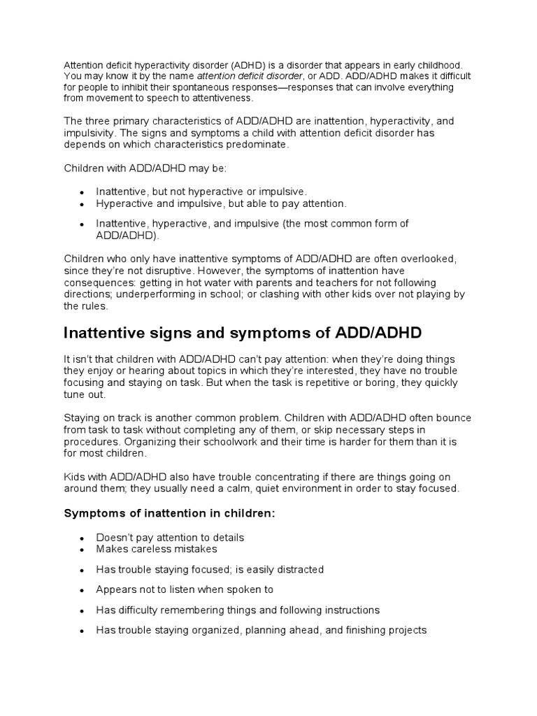 Inattentive Signs and Symptoms of ADD/ADHD | PDF | Attention Deficit ...