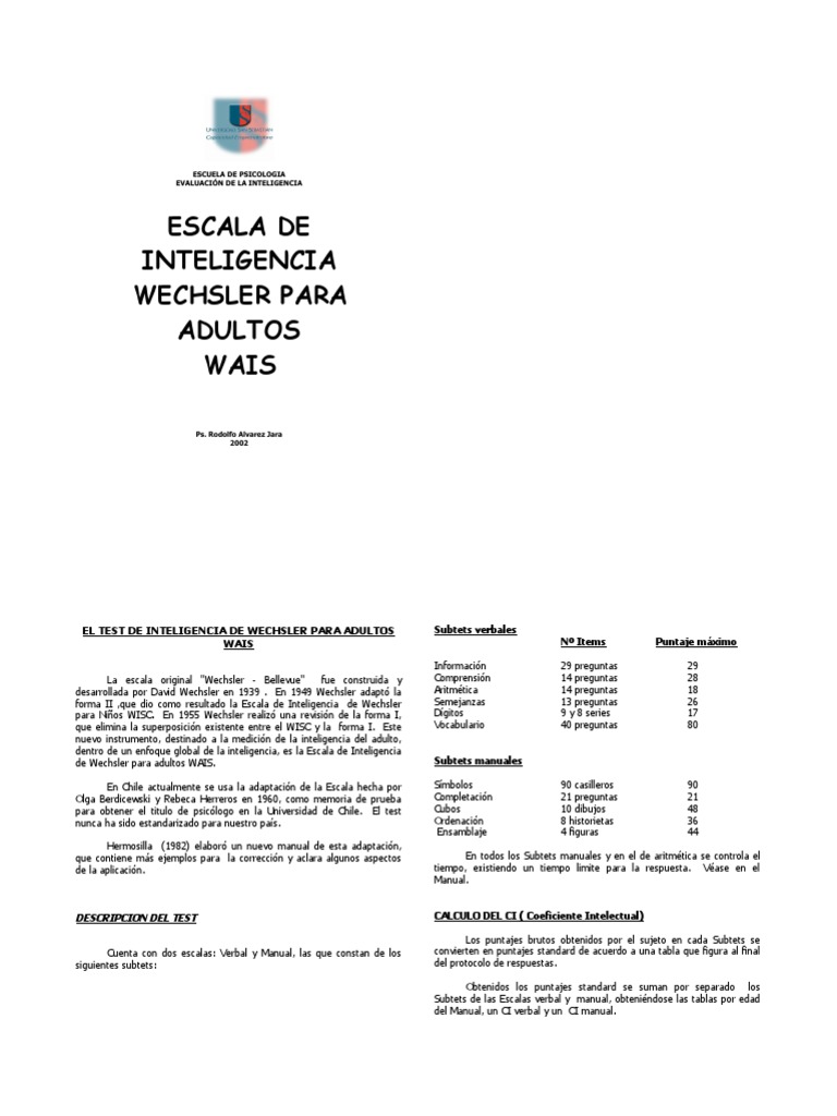 El Test de Inteligencia de Wechsler para Adultos Wais | PDF | Escala de ...