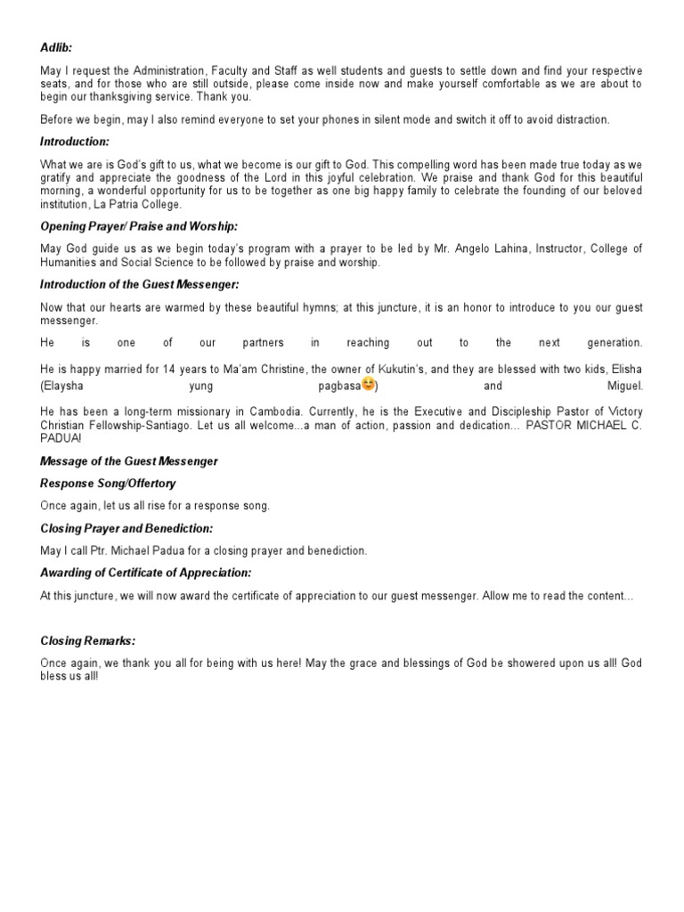 THanksgiving Service Script | PDF