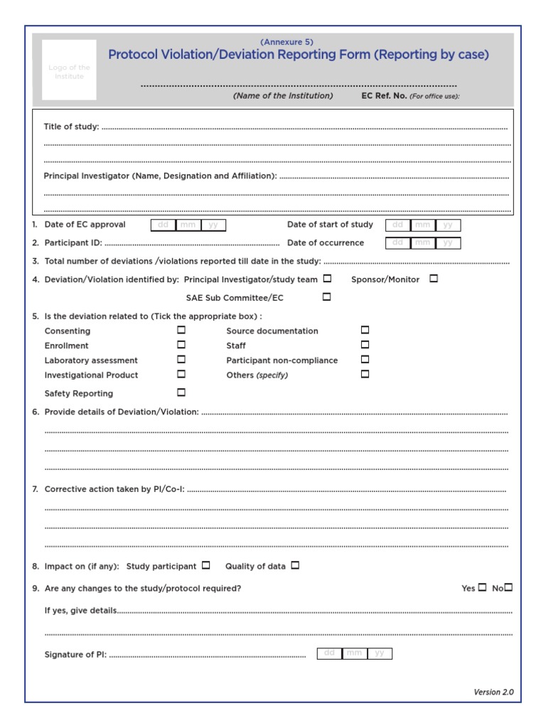 Protocol Violation/Deviation Reporting Form (Reporting by Case) | PDF | Business