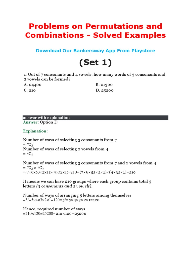 Problems On Permutations and Combinations - Solved Examples: Download ...