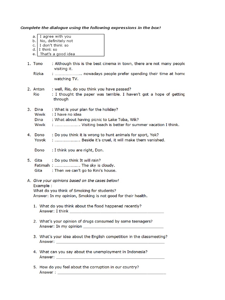 Exercises About Asking, Giving and Declining Opinions | PDF