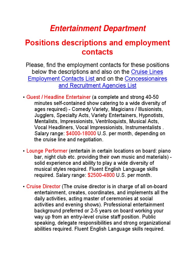Cruise Ship Entertainment Job Descriptions | PDF | Audition ...