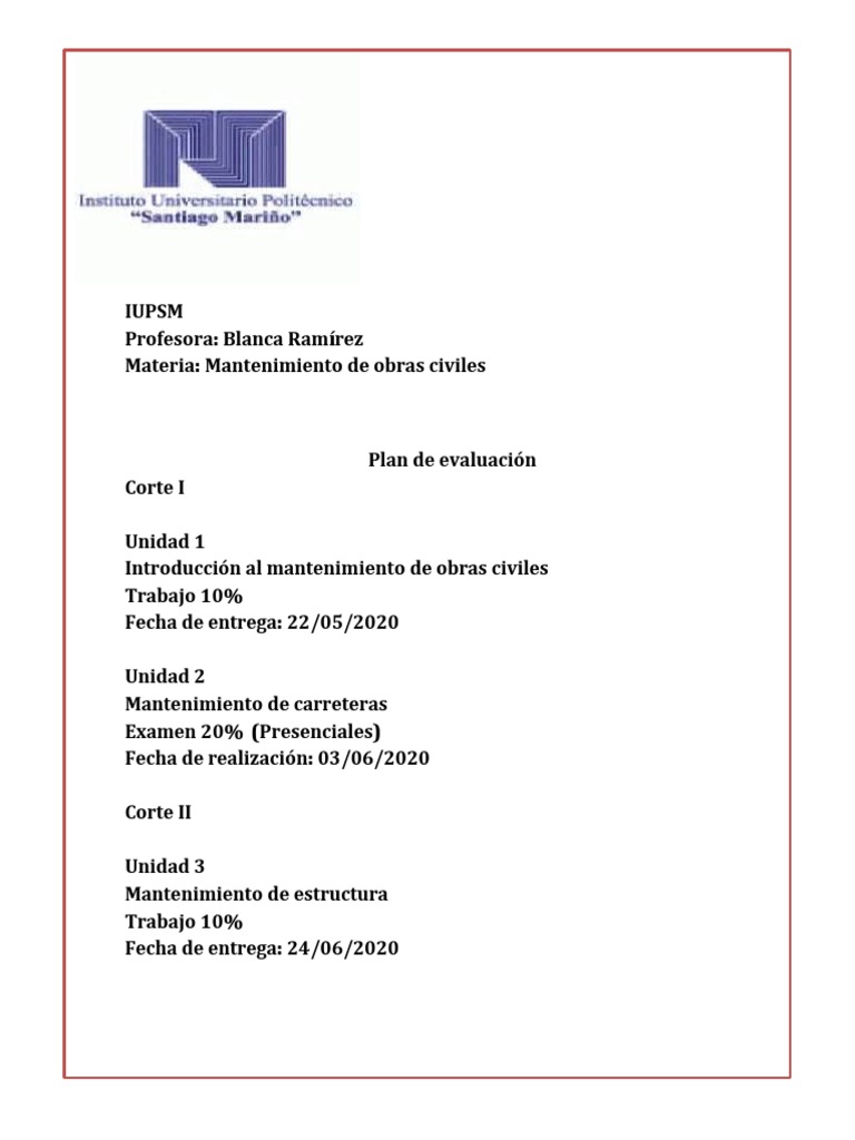 Plan de Evaluacion Mantenimiento de Obras Civiles | PDF | Prueba ...