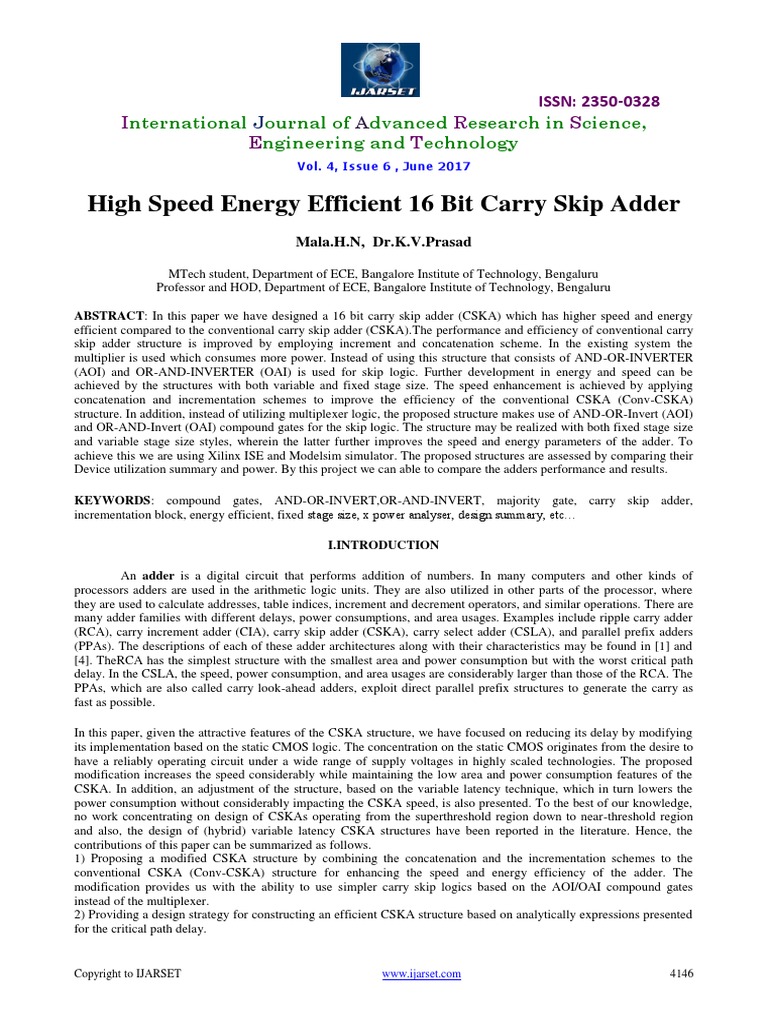 High Speed Energy Efficient 16 Bit Carry Skip Adder | PDF | Logic Gate | Digital Electronics