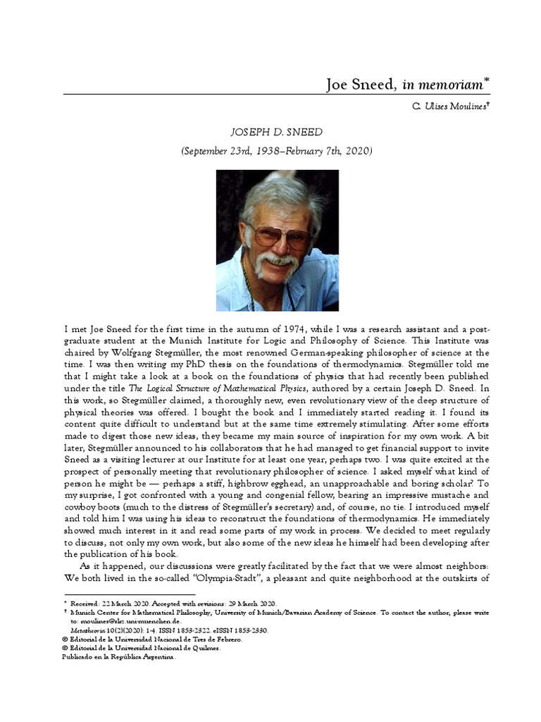 Joe Sneed, in Memoriam | PDF | Philosophy Of Science | Science