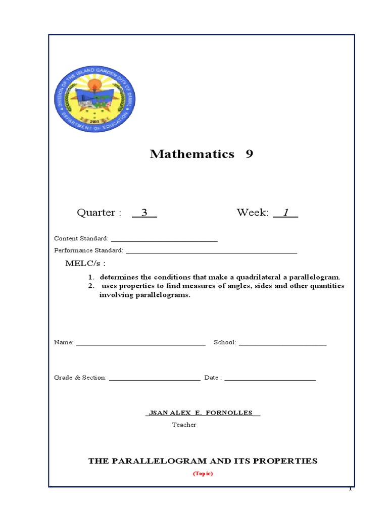 Mathematics 9: Quarter: 3 Week: 1 | PDF | Space | Geometry