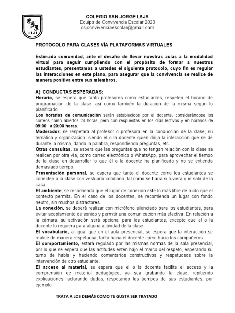 Protocolo para Clases Vía Plataformas Virtuales CSJ | PDF | Salón de clases | Aprendizaje