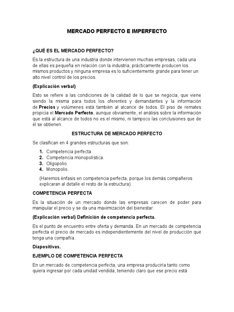 Mercado Perfecto e Imperfecto | PDF | Competencia perfecta | Mercado ...