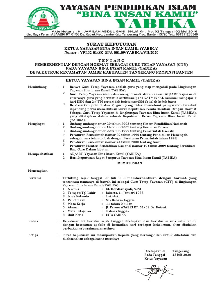 Surat Pemberhentian Guru Yayasan YABIKA | PDF