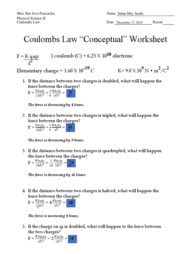 Coulombs Law "Conceptual" Worksheet | PDF | Electron | Electric Charge