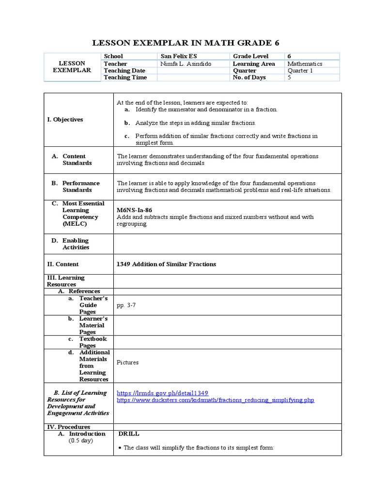 Lesson Exemplar in Math Grade 6: B. List of Learning Resources For ...