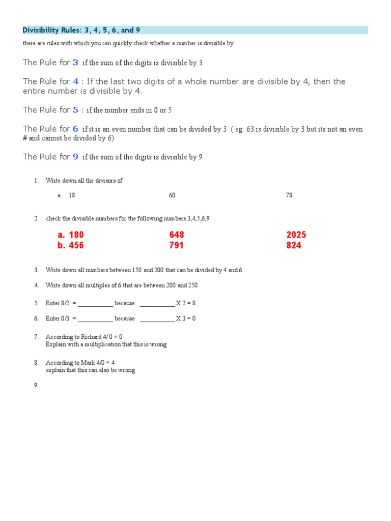 Divisibility Rules for 3, 4, 5, 6, 9 | PDF