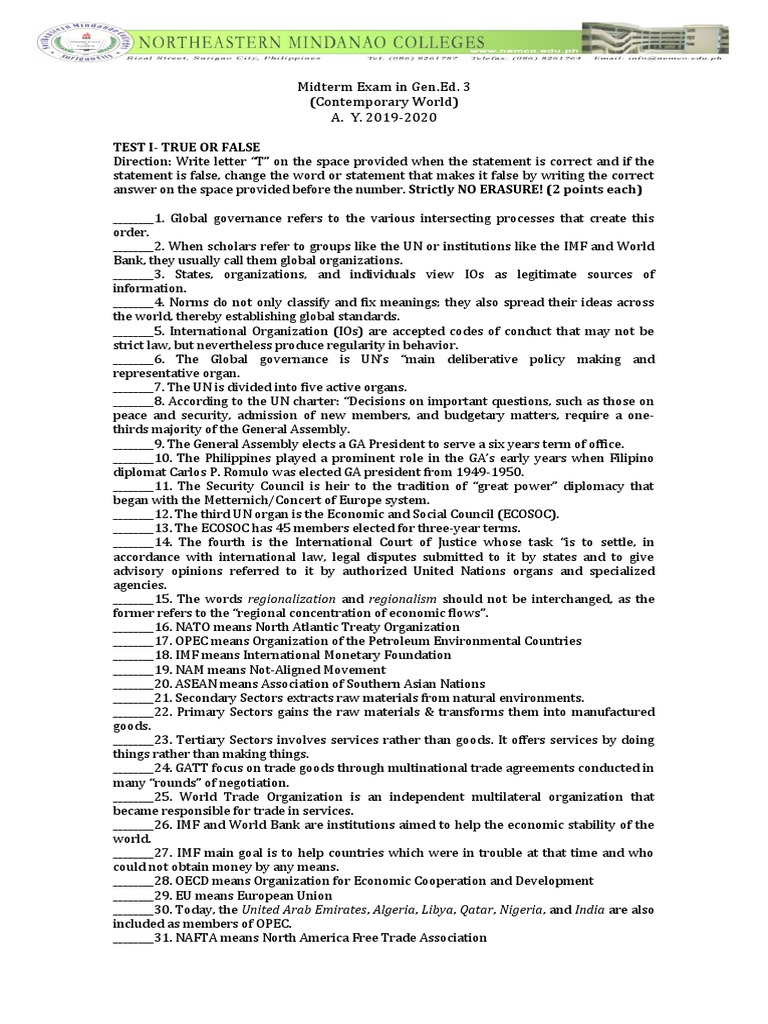 Midterm Exam in Gen - Ed. 3 (Contemporary World) A. Y. 2019-2020 | PDF ...