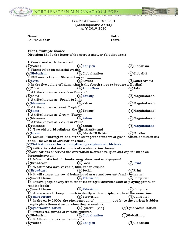 Test I: Multiple Choice: Religion Globalism Syria Ramadhan Tausug ...
