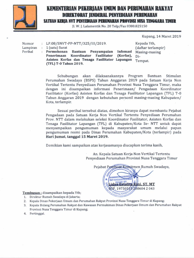 Surat Penyampaian Dan Pengumuman Penerimaan KORFAS Dan TFL Program BSPS ...