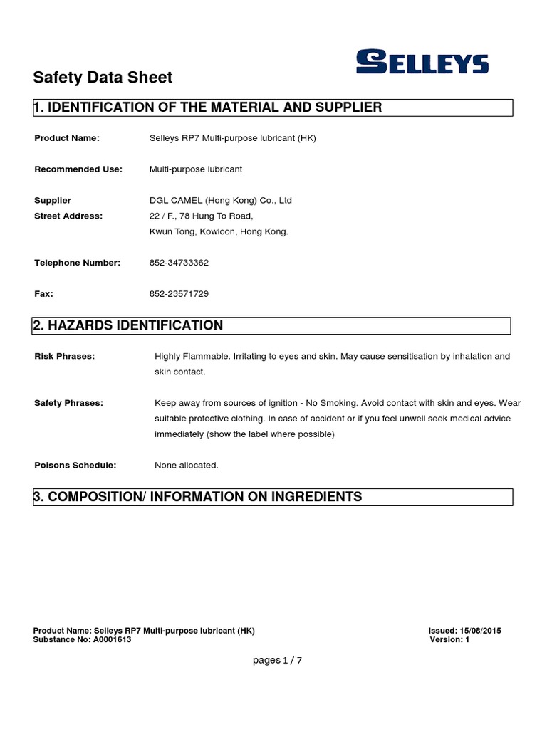 A0001613 - MSDS-Selleys RP7 Multipurpose Lubricant (HK) - 150908 | PDF | Dangerous Goods ...