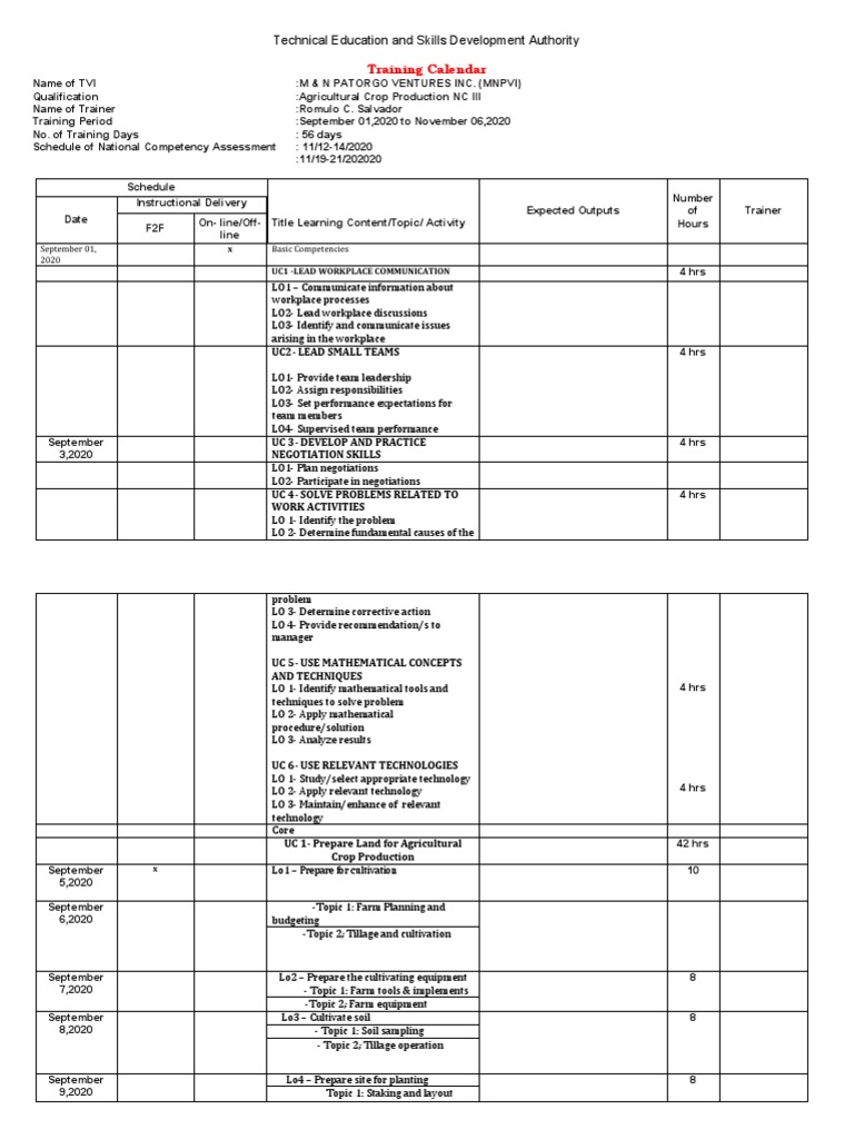 6 - Training Calendar ACP NC III | Download Free PDF | Tillage ...